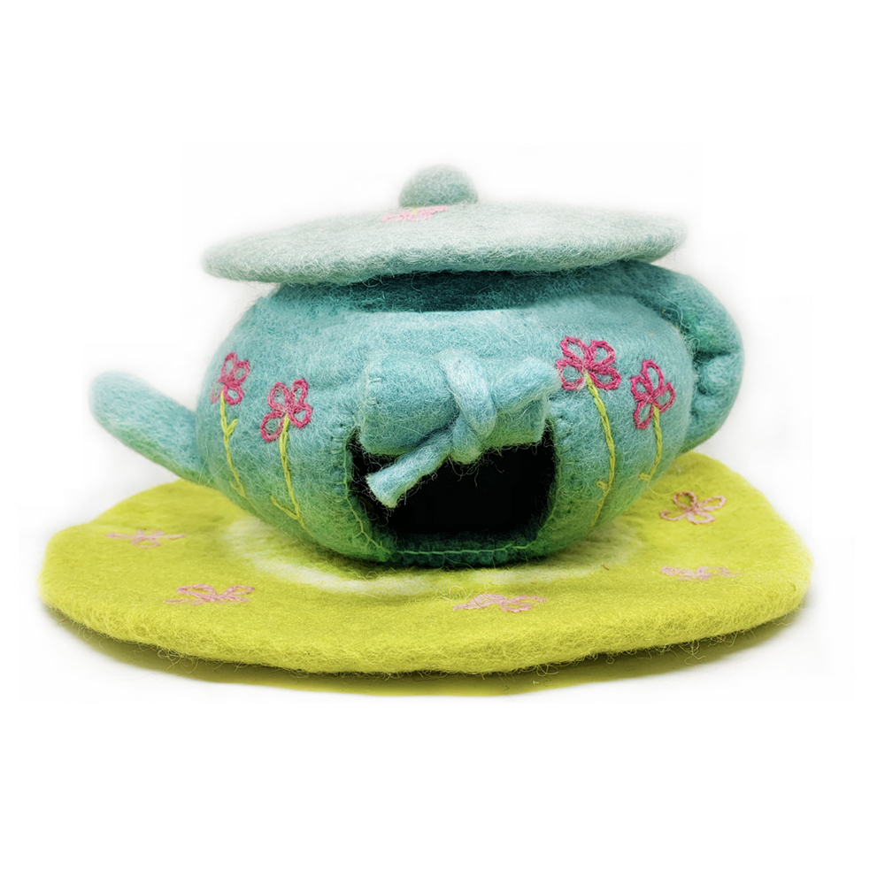 Fair-Trade felt teapot fairy house with mat