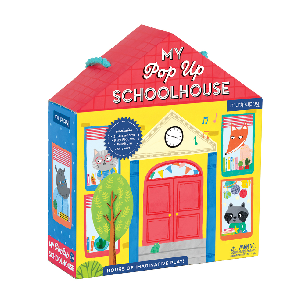 Portable schoolhouse comes with furniture and dolls.